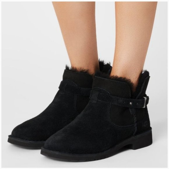 UGG | Shoes | Ugg Elisa Genuine Shearling Bootie Black Suede Size 6 ...
